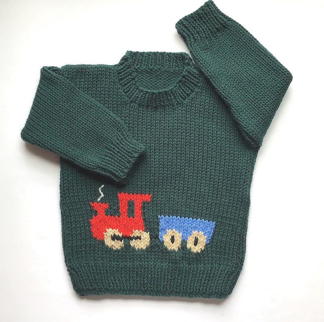Childs Green Train Sweater, 4 Years, Handknit Train Motif Pullover ...