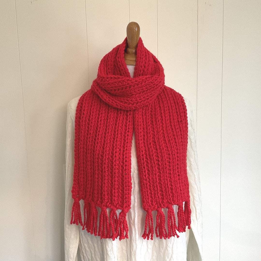 Red Crochet Long Scarf, Traditional Red Scarf, Unisex Red Scarf With ...