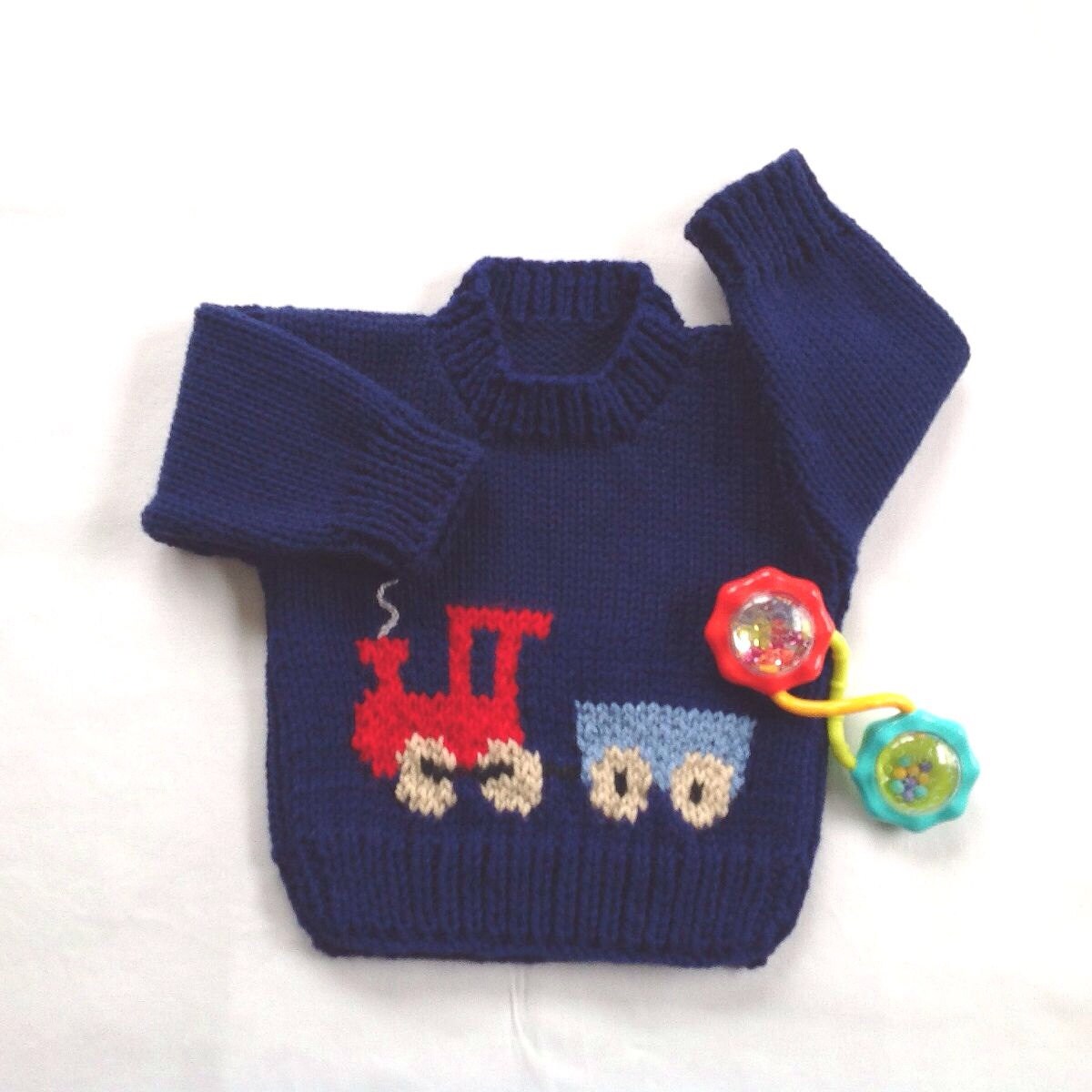 Baby Boy Blue Train Sweater - 6 to 12 Months Boy - Hand Knit Train Baby ...