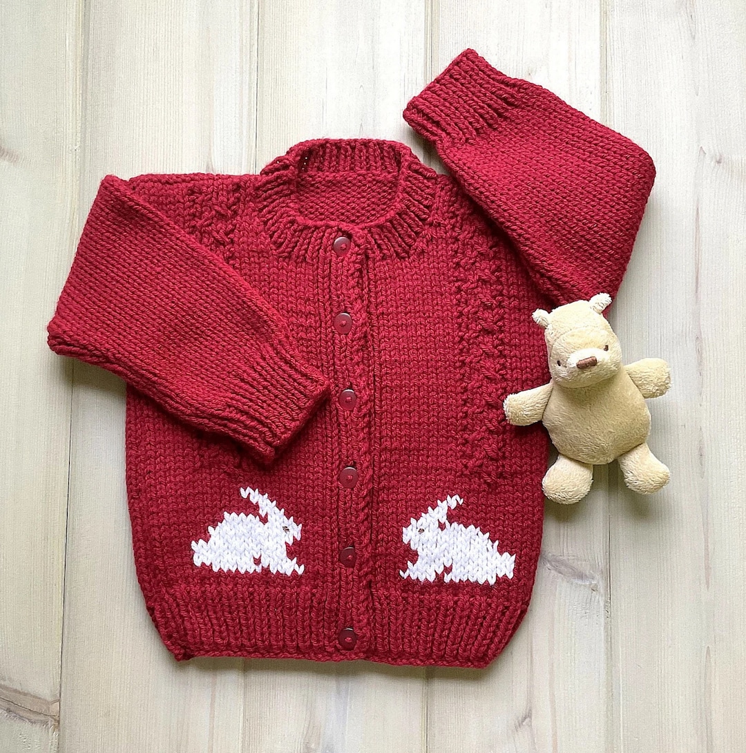 Childs Red Bunny Cardigan 12 to 24 Months Toddler Red Sweater Hand Knit ...