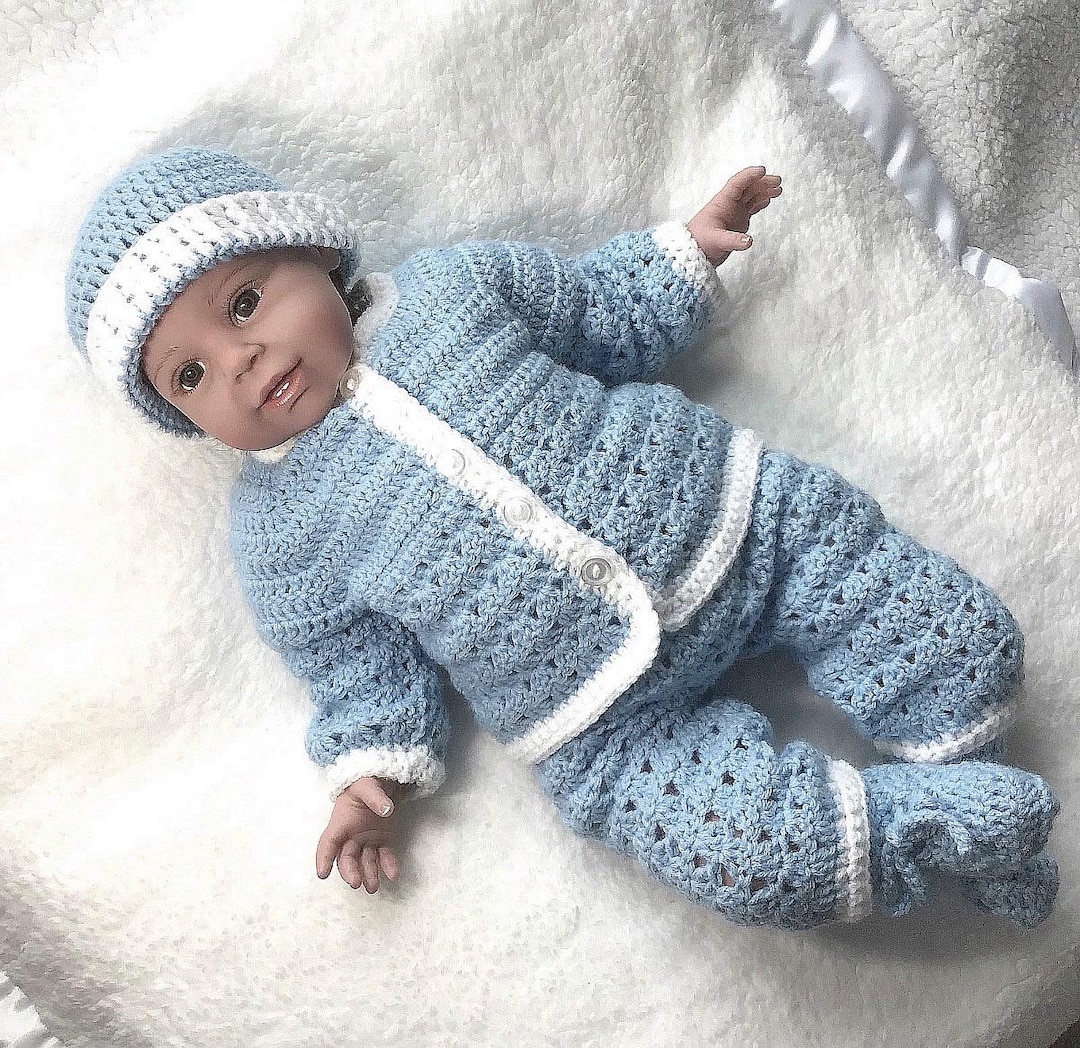 Baby Blue Wool Outfit - 0 to 3 Months Baby - Baby Crochet Set - Baby ...