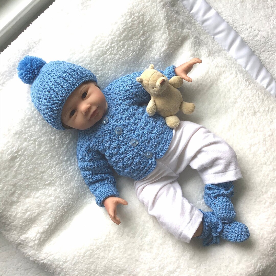 Baby Blue Coat Hat Boots, 0 to 3 Months, Wool Mix Infant Crochet Set ...