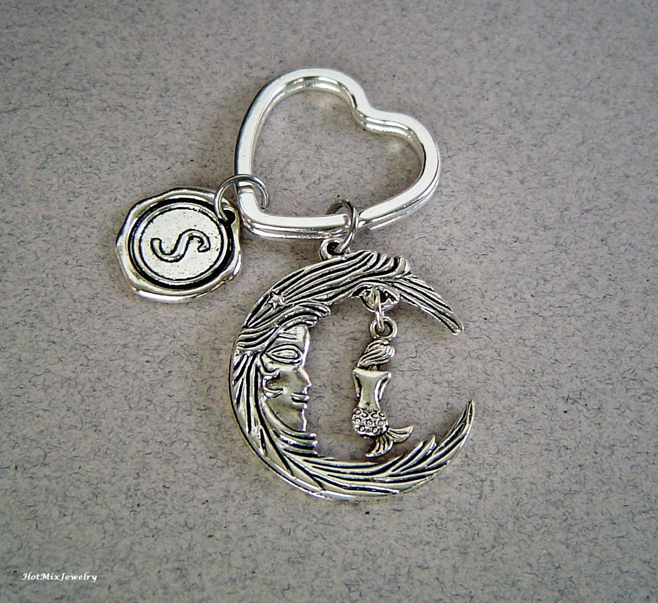 Crescent Moon Face Heart Keyring, Personalized Antique Silver Wax Seal ...