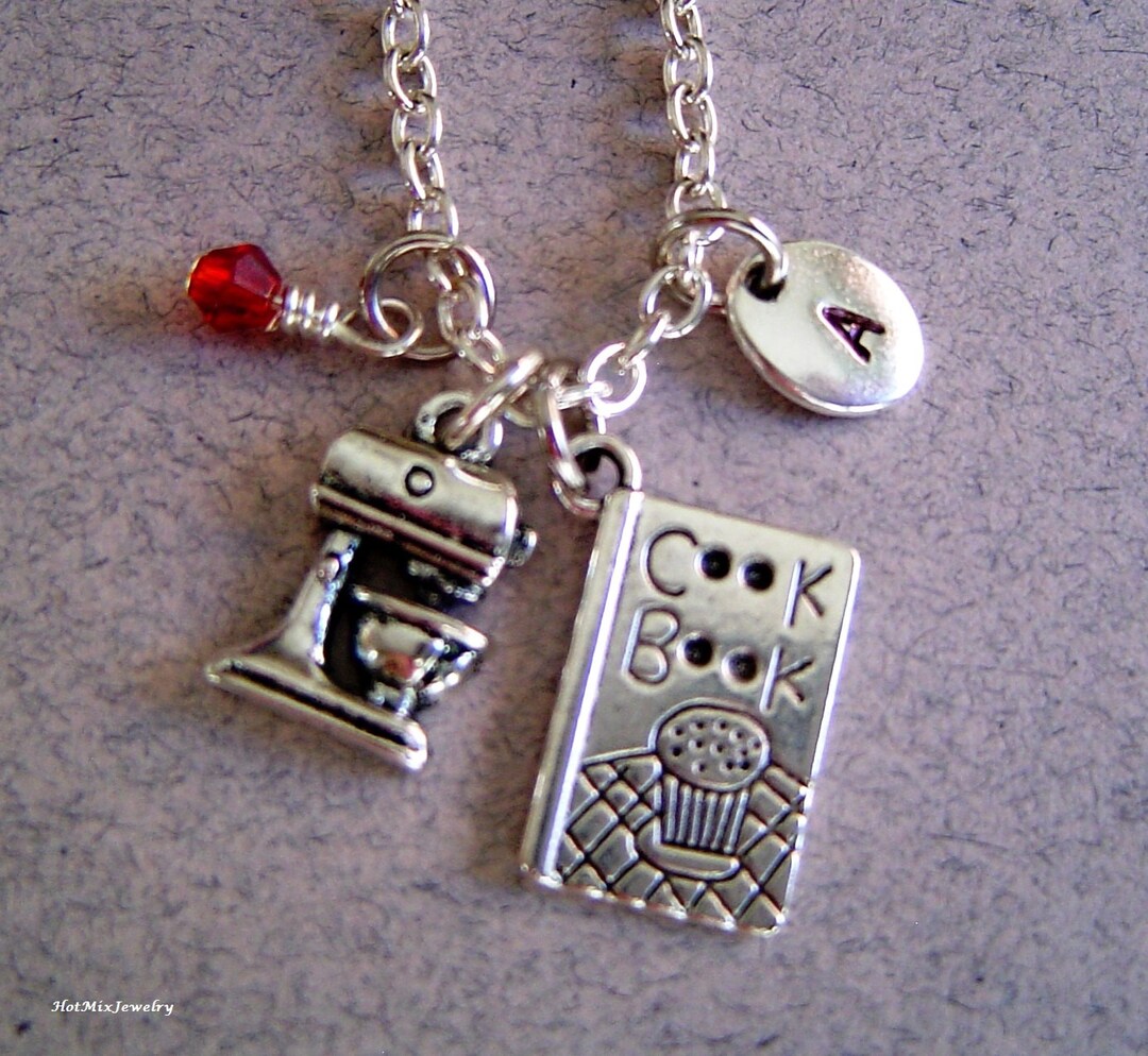 Cookbook and Kitchen Mixer Charm Necklace, Personalized Hand Stamped ...