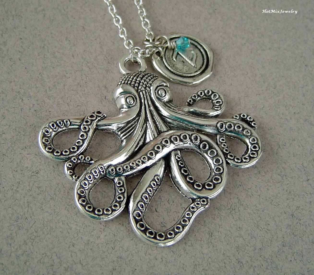 Octopus Charm Necklace Personalized Antique Silver Wax Seal | Etsy