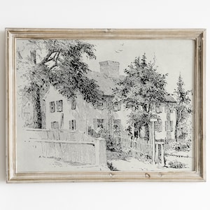 Vintage Ink Line Drawing, Cottage Print, Architecture Etching ...