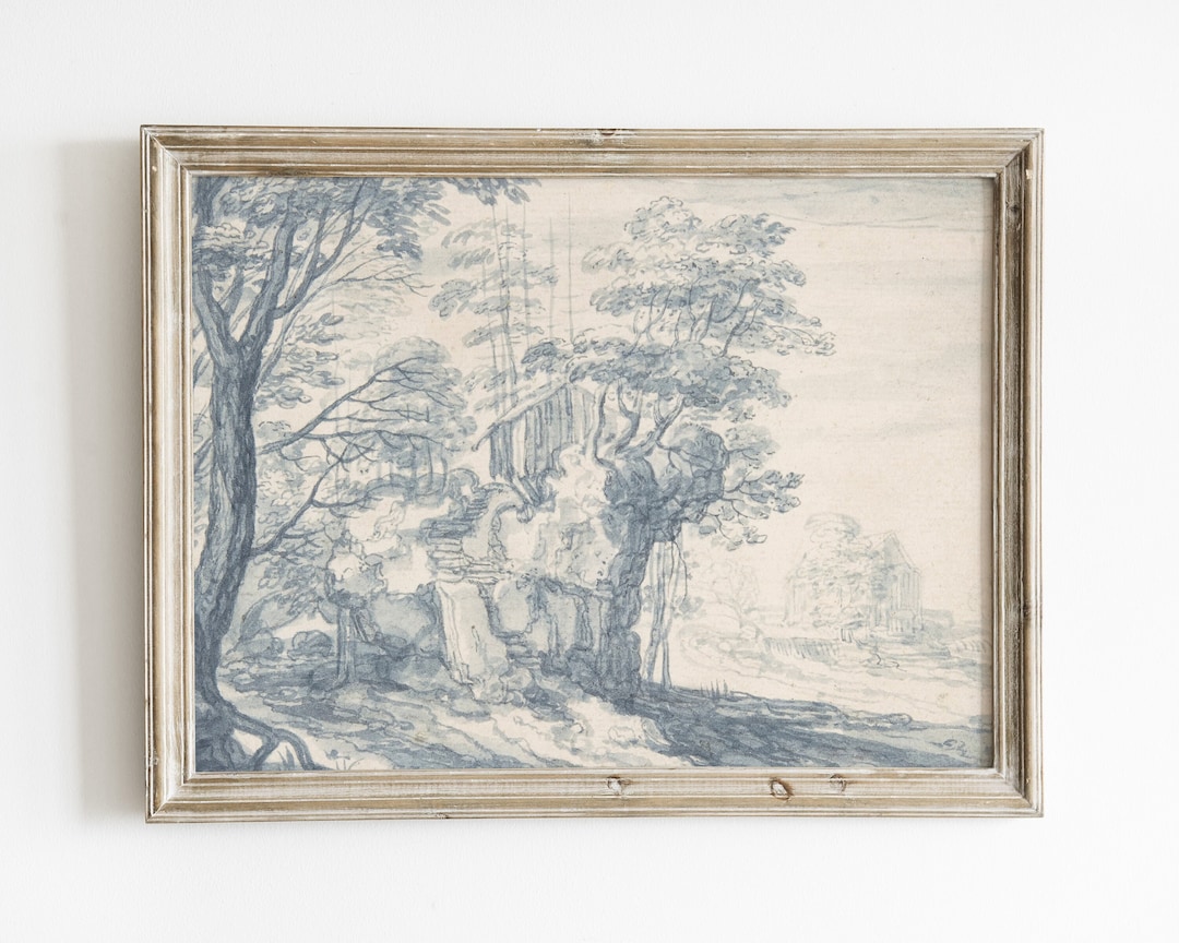 Blue Willow Wall Art, Vintage Landscape Painting, Chinoiserie Printable ...