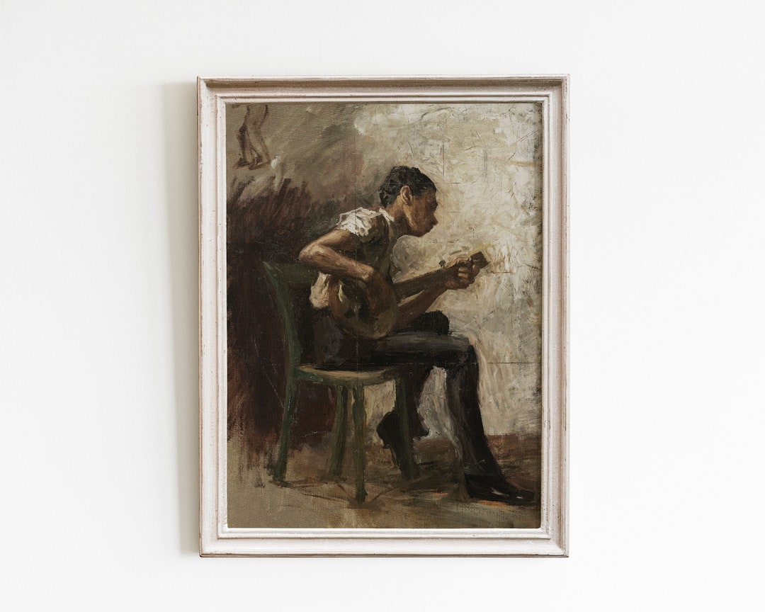 Vintage Guitar Art, Neutral Wall Art, Man Portrait Painting, Vintage ...