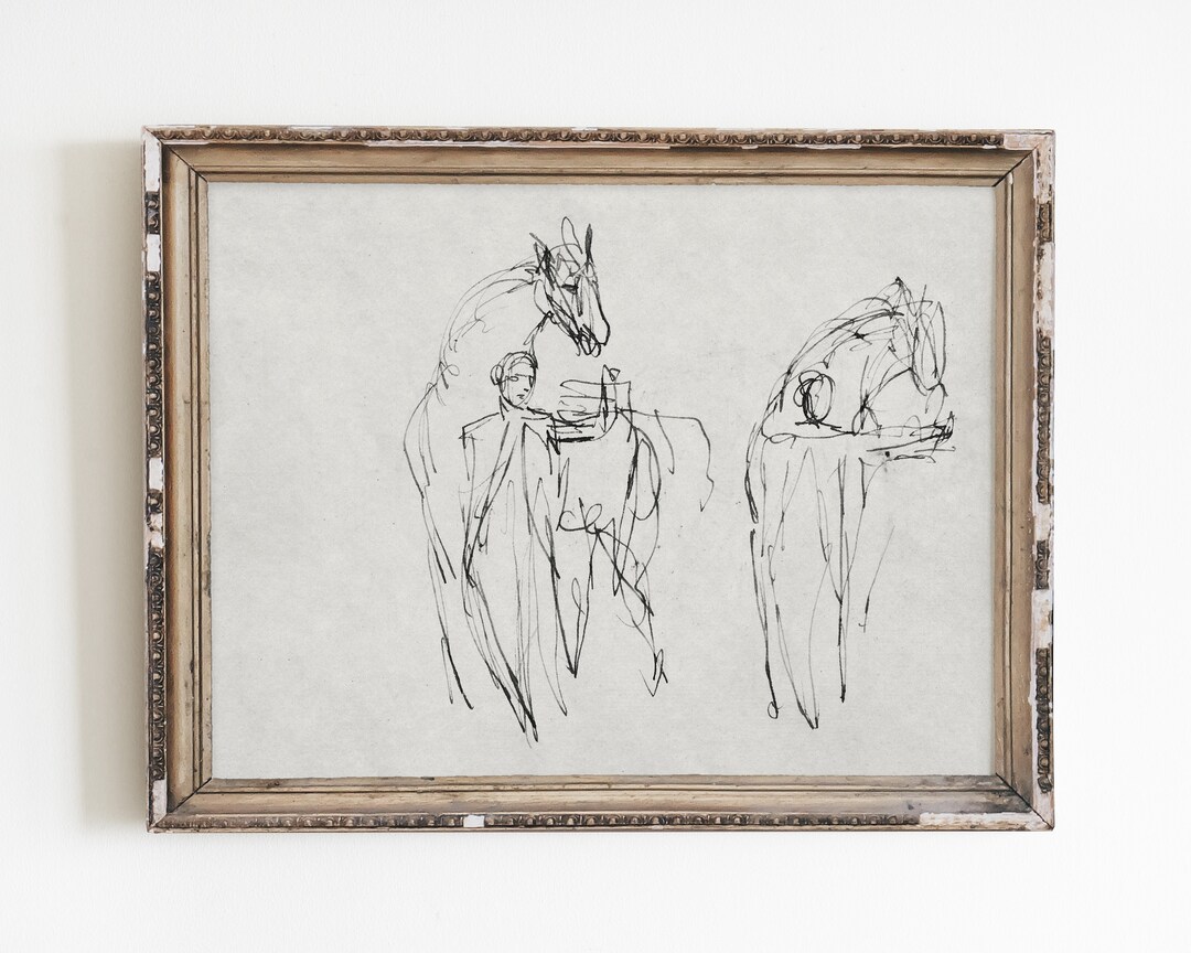 Abstract Horse Line Art Drawing, Vintage Horse Painting, Antique ...