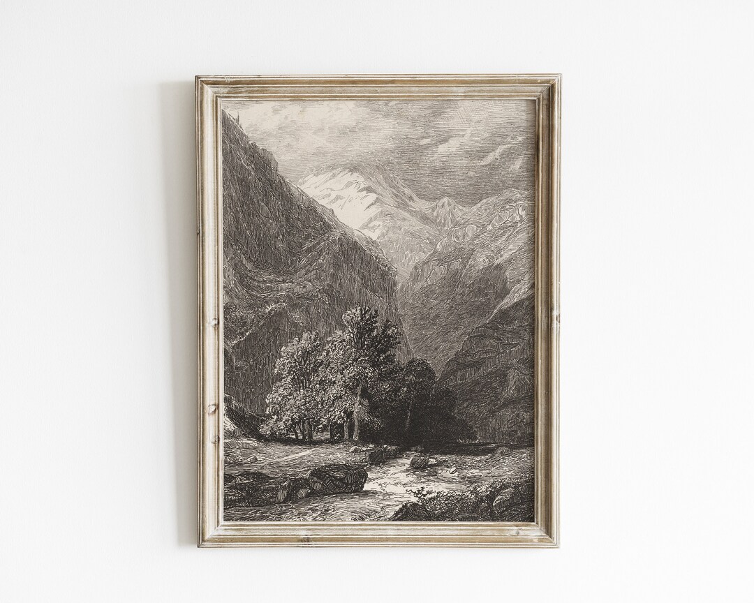 Vintage Drawing Landscape Etching, Landscape Mural Art Print, Antique ...