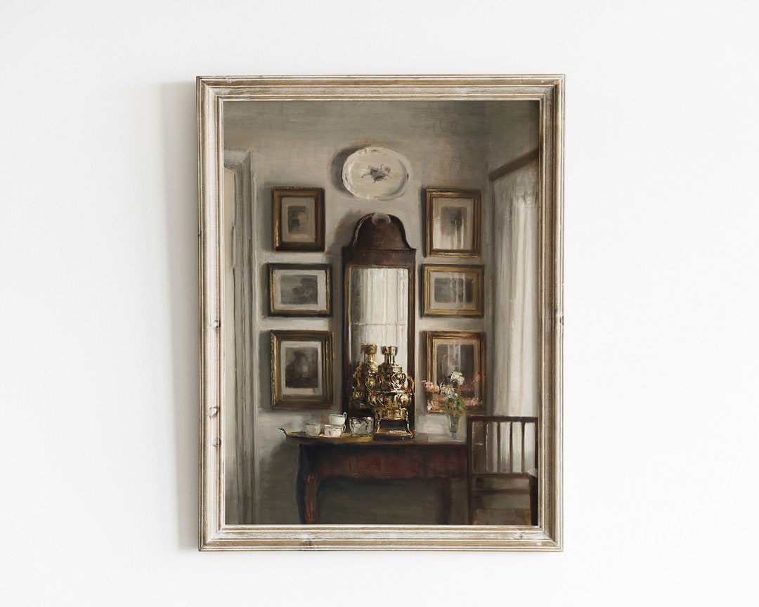 Vintage Moody Classical Wall Decor, Antique Interior Oil Painting ...
