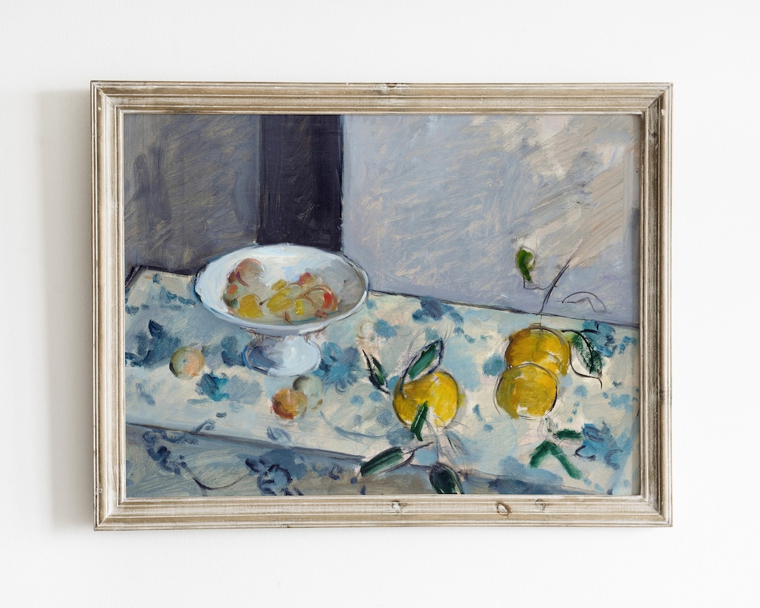 Vintage Lemon Still Life Painting, Blue Living Room Wall Art, Printable ...