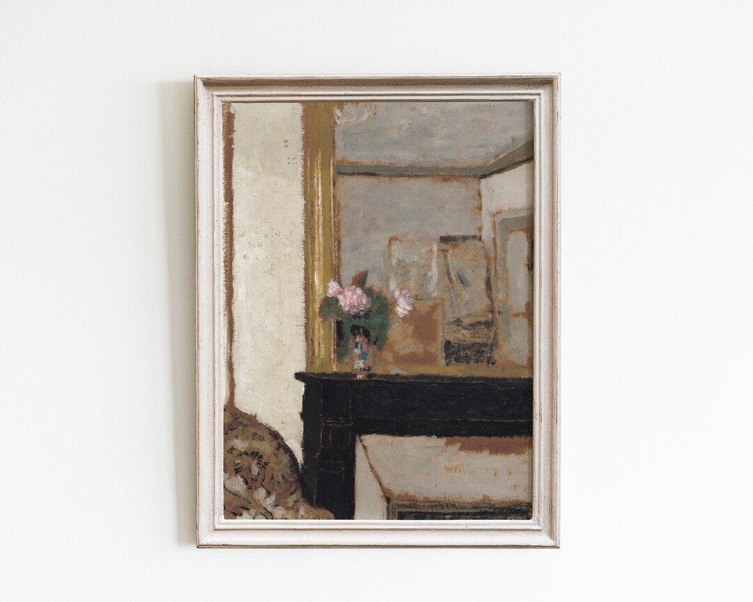 Vintage Fireplace Still Life Painting: Antique Mantle Decor (digital ...