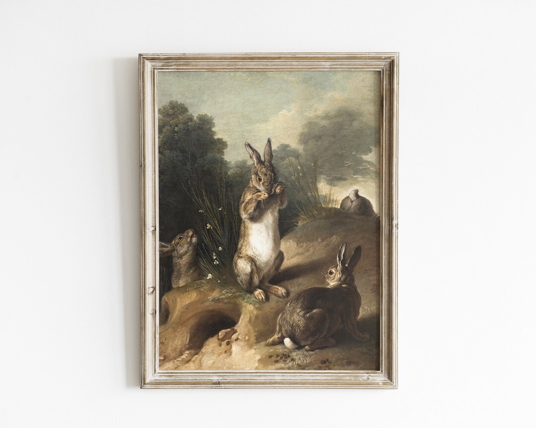 Vintage Rabbit Print, Bunny Rabbit Painting, Spring Wall Decor, Vintage ...