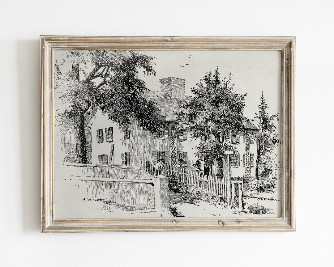 Vintage Ink Line Drawing, Cottage Print, Architecture Etching ...