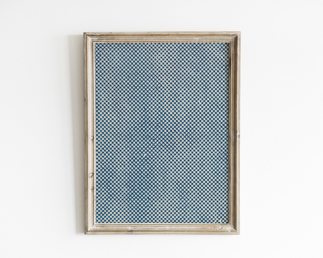 Vintage Blue Checker Pattern Wall Art, Boho Wall Art, Checkered Art ...