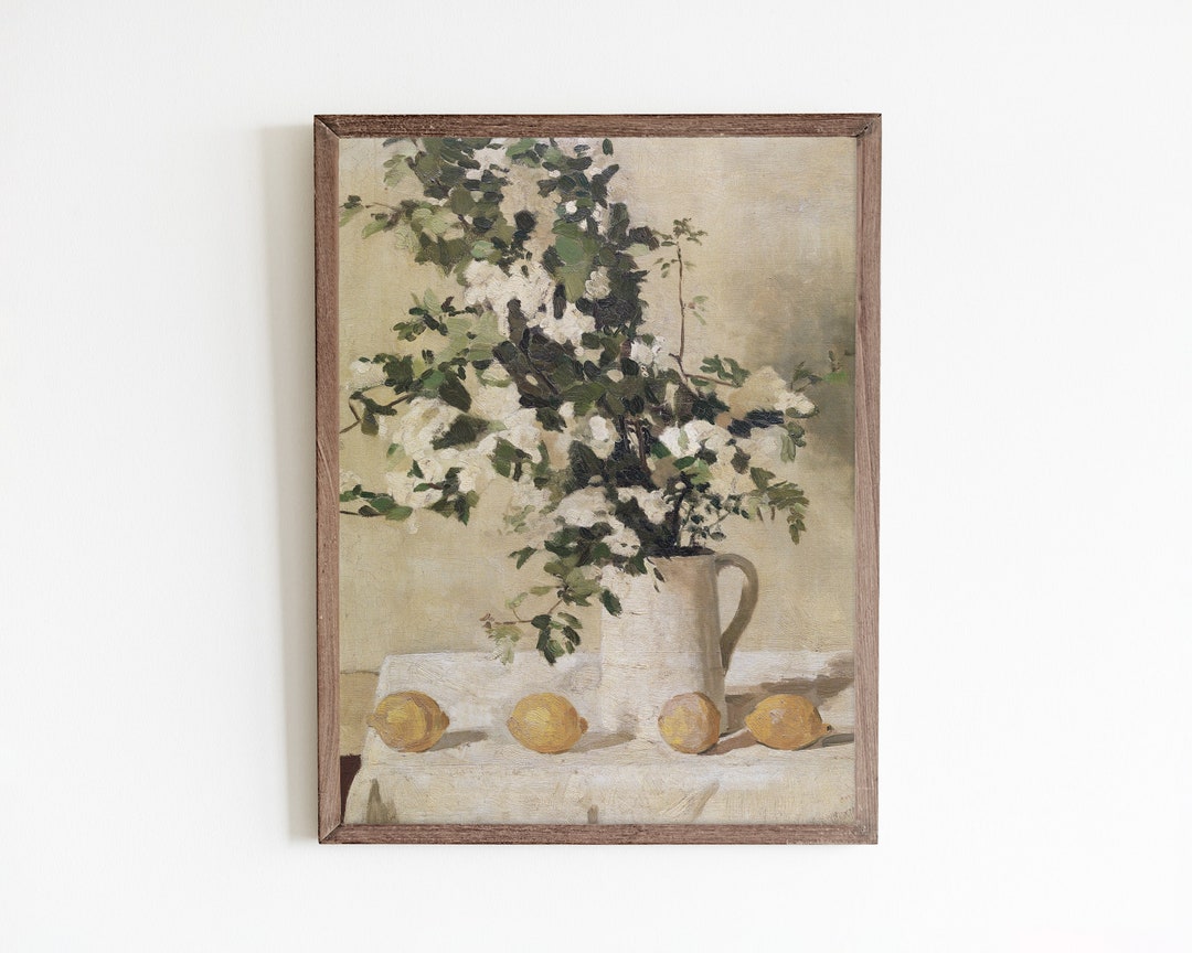 Vintage Lemon Print, Neutral Still Life Painting, Flower Vase Painting ...