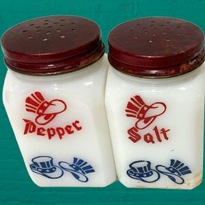 Vintage Uncle Sams Hat Hazel Atlas Milk Glass Salt and Pepper Shakers ...