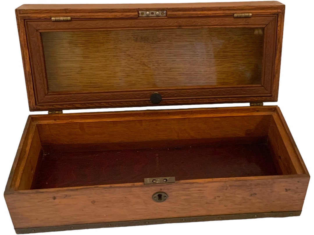 Antique Oak Wood Box With Glass Door Compartment Inside Collectible ...
