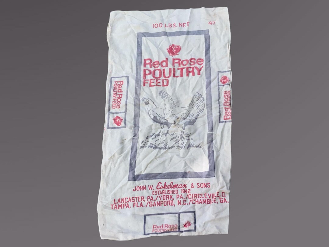 Vintage Red Rose Poultry Feed Sack Bag Chicken Rooster Graphic 100 Lbs ...