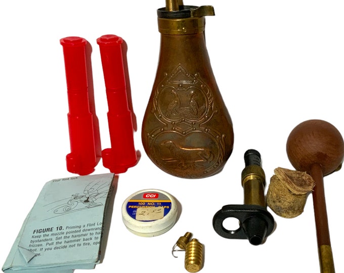 Vintage Black Powder Flask With Hunting Dog and Accessories Muzzeloader ...