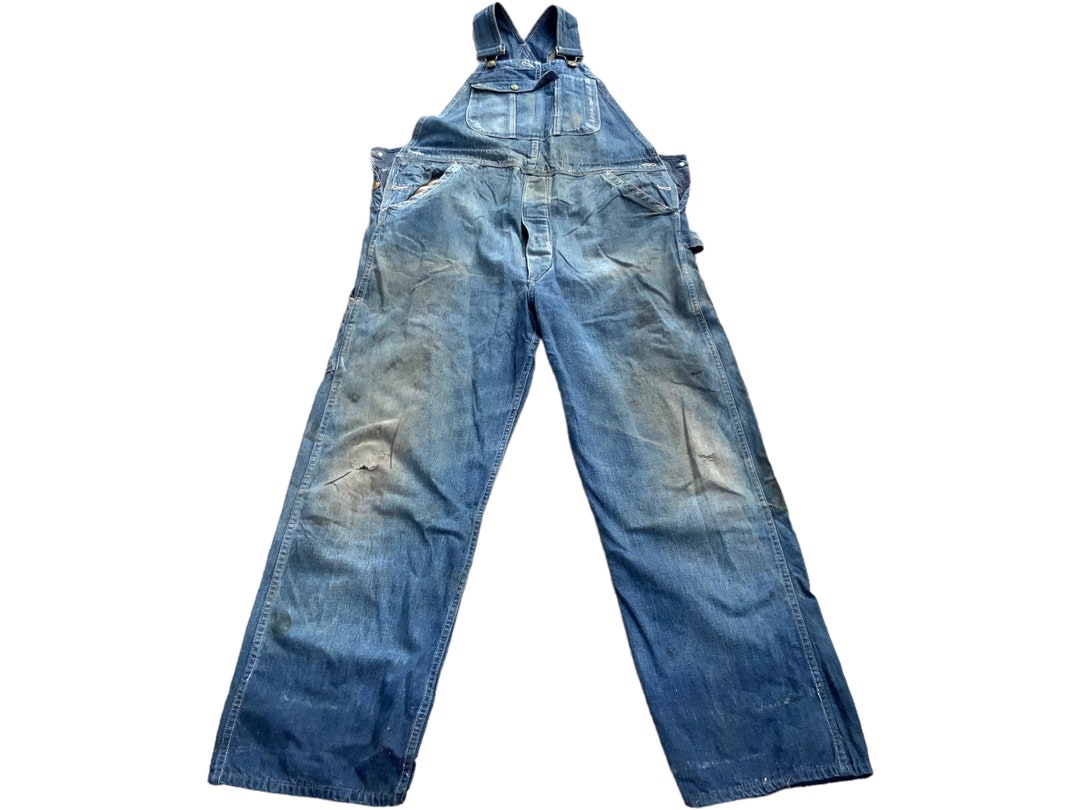 Vintage Sanforized Denim Button Overalls Repaired Work Wear Jeans Pants ...