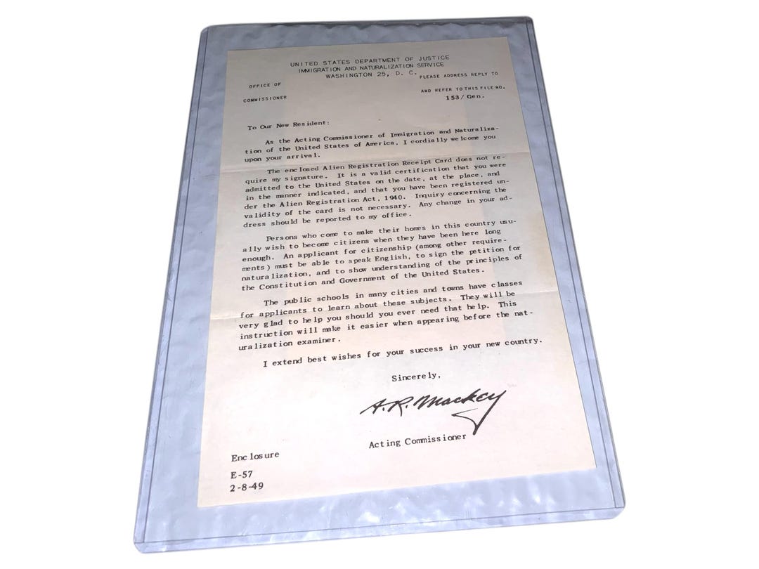 Vintage 1949 Immigration Welcome Letter and Envelope Political RARE ...