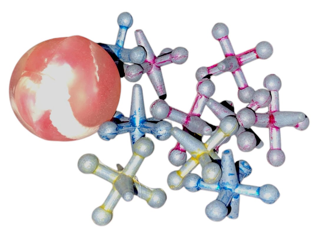 Vintage Jack Rocks Red and off White Swirl Rubber Ball Metal Jacks 1970 ...