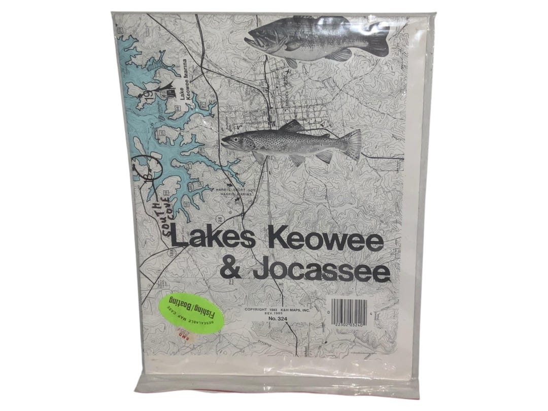 Vintage 1985 Lakes Keowee & Jocassee Map Fishing Lure Bait Tackle South ...