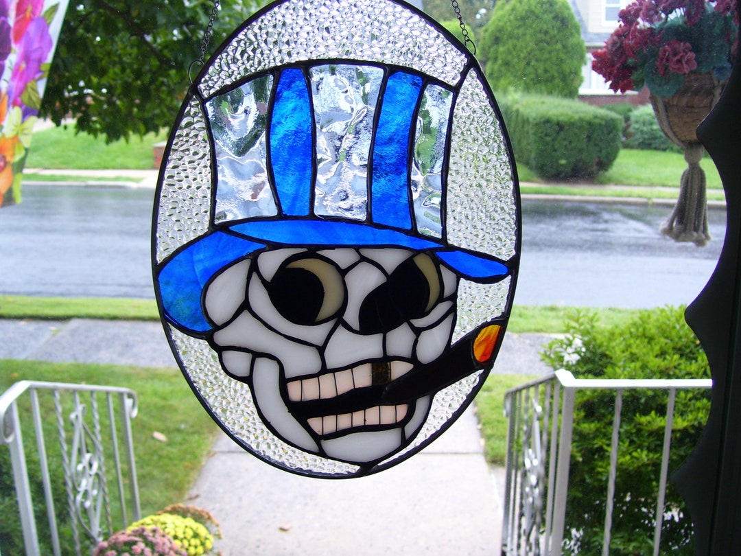 Stained Glass Skull Smoking a Cigar With Gold Tooth Sun Catcher. - Etsy