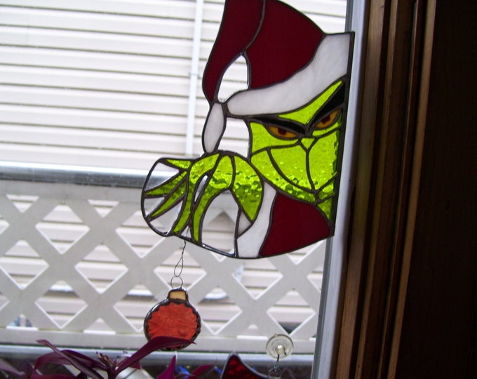 Stained Glass Grinch With Hand Windows Sitter - Etsy