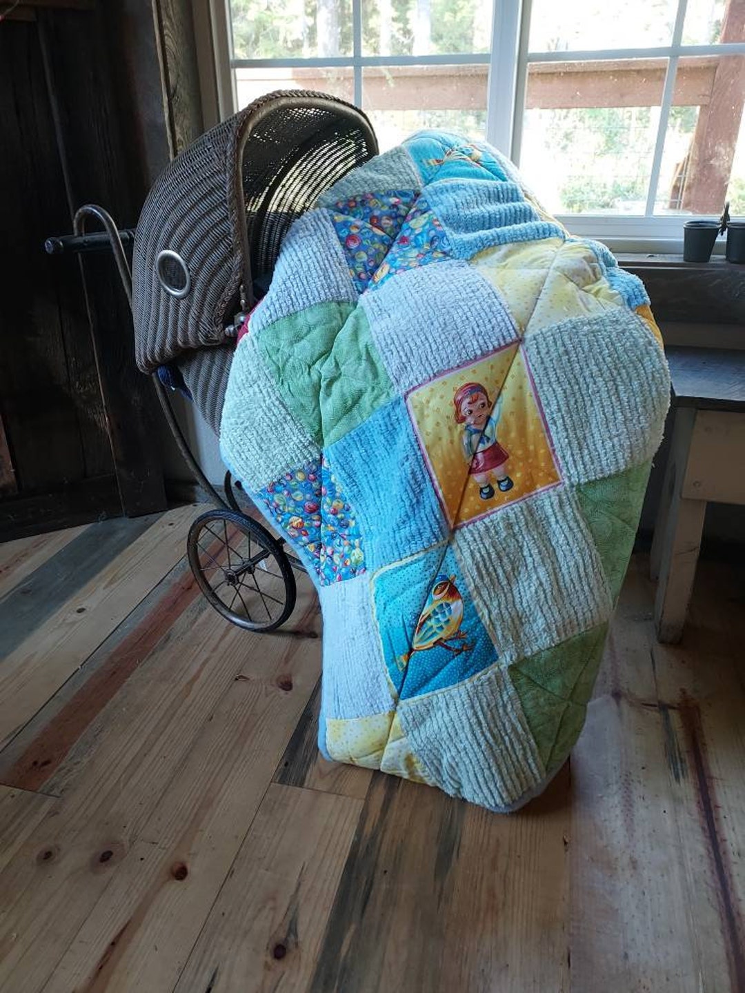 1139 Handmade Vintage Toy Chenille Crib Quilt, Light Blue Quilt, Quill ...