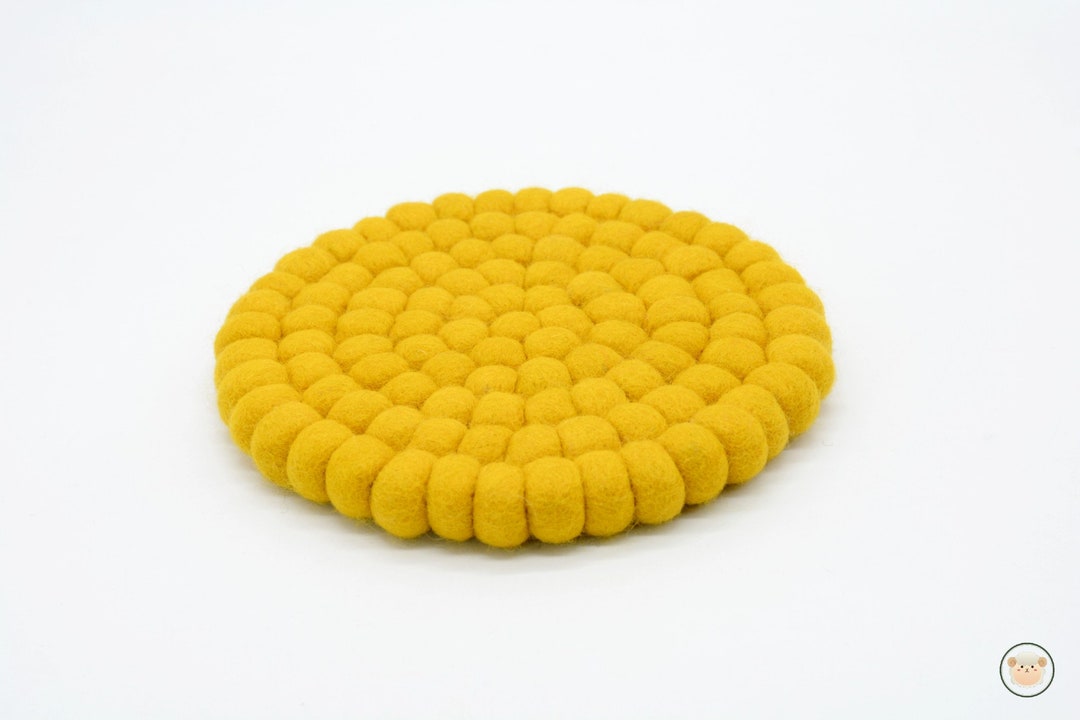 Felted Ball Trivet, Yellow Woolen Ball Round Potholder Handmade Hot Pad ...