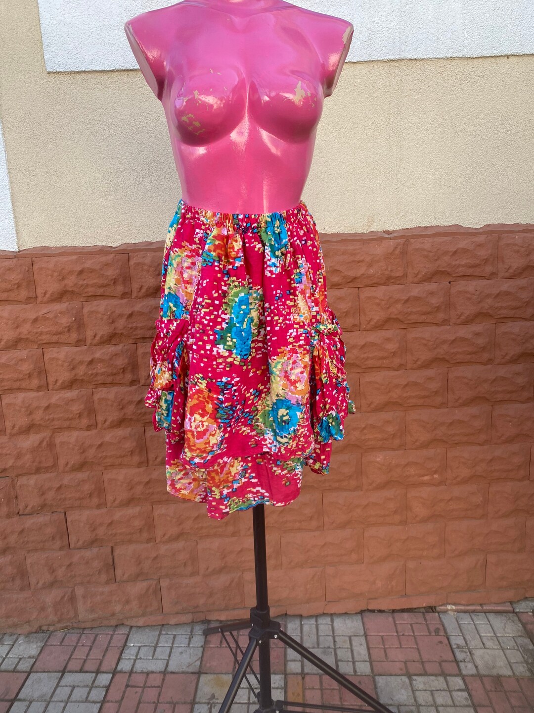 Red Pixelated Flowers Skirt, Made in India - Etsy