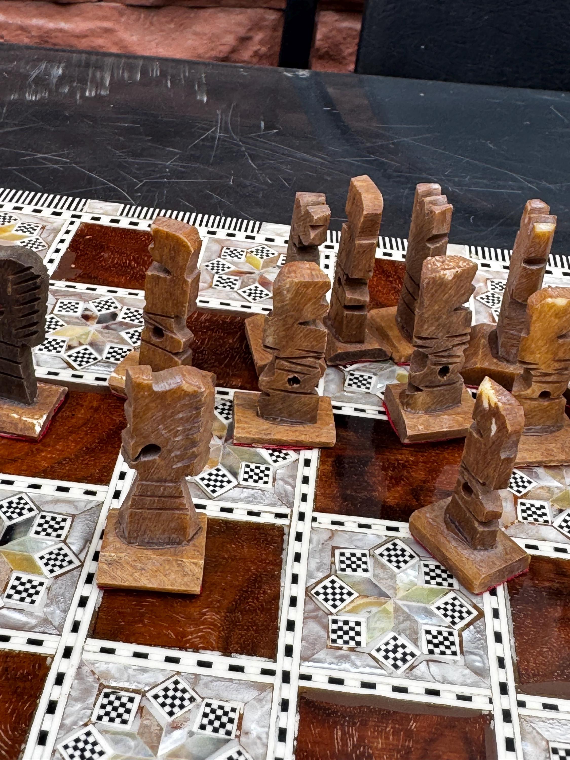 Hand-carved Abstract Chess Set With Mother-of-pearl Inlaid Board ...