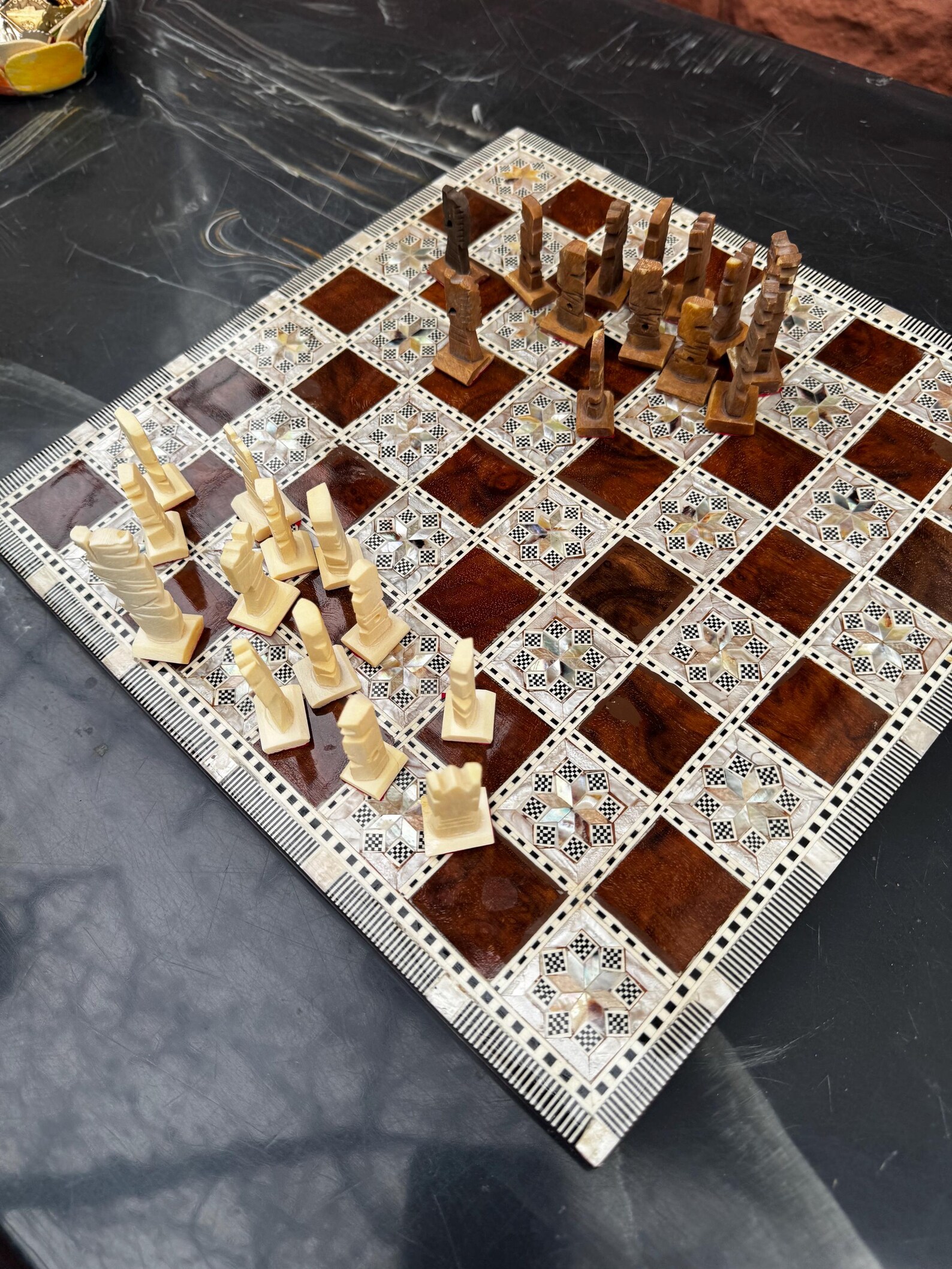 Hand-carved Abstract Chess Set With Mother-of-pearl Inlaid Board ...