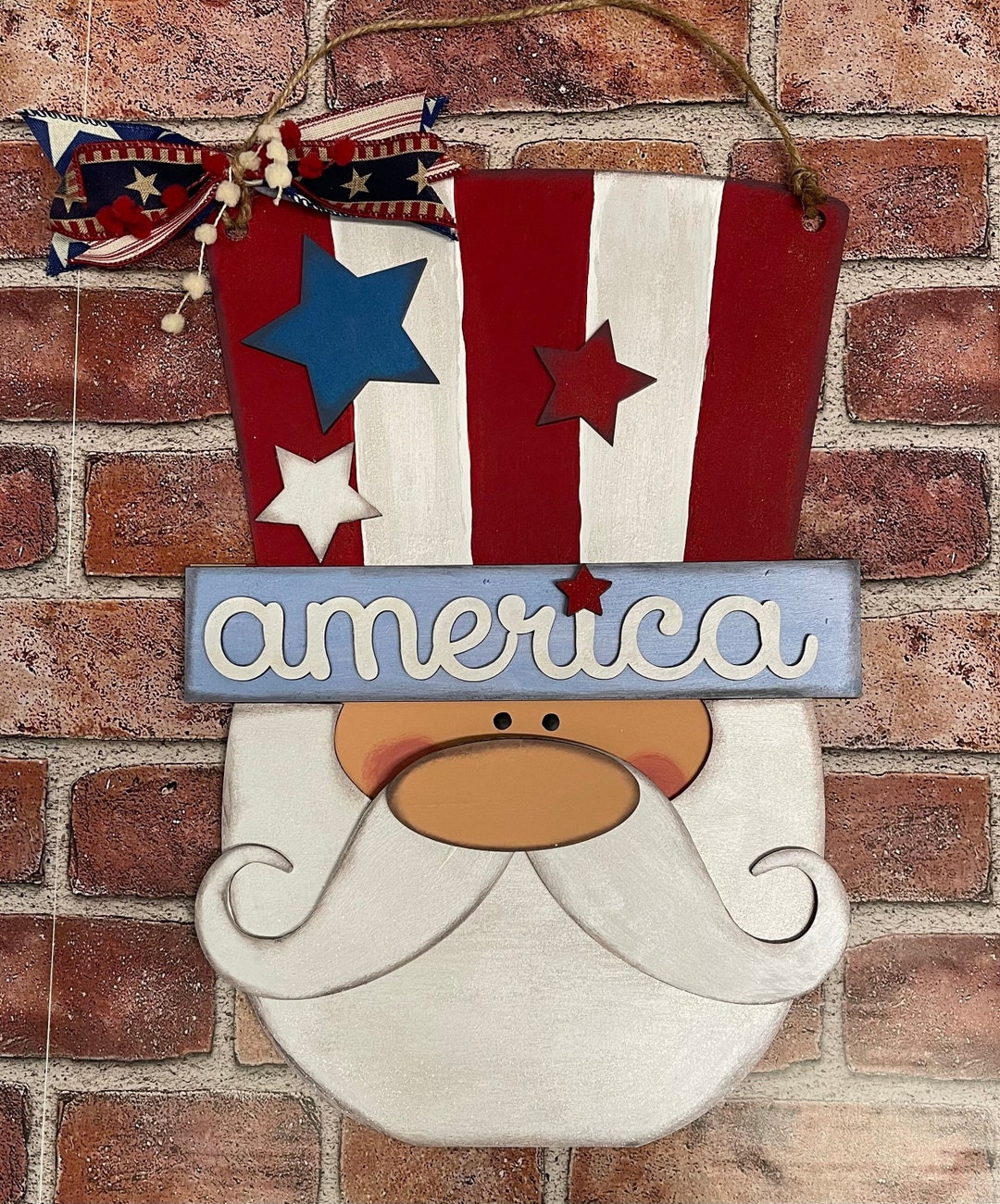 Large Uncle Sam Door Hanger With Ribbon, Patriotic Unpainted Wooden ...
