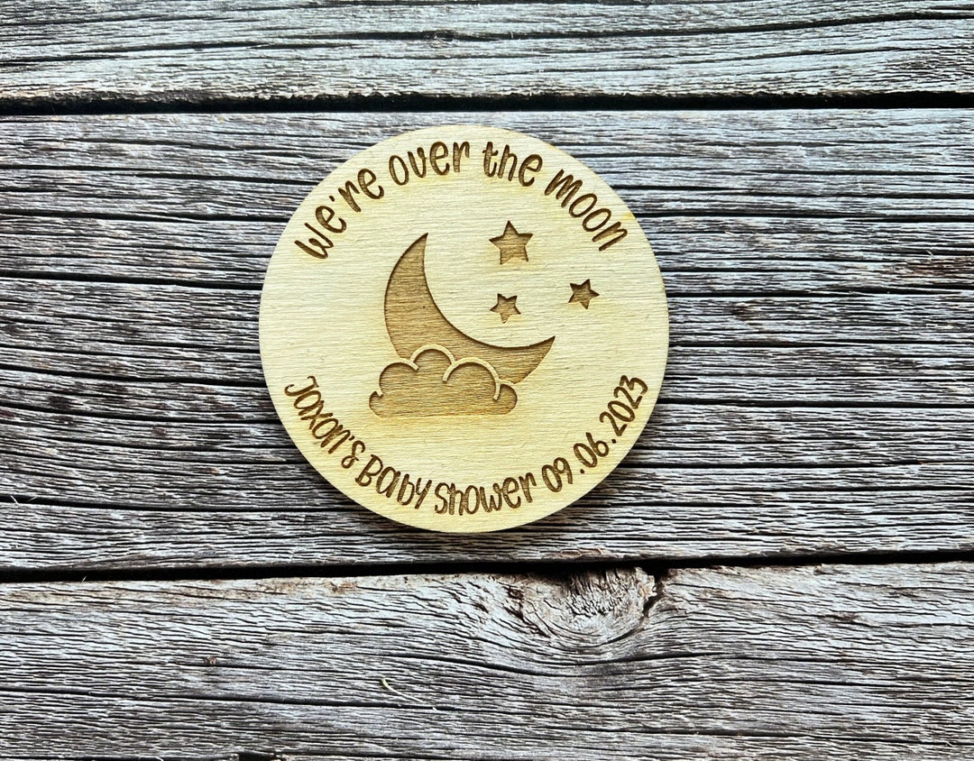 We're Over the Moon Qty 30 - 60 Circle Personalized Baby Shower Magnets ...