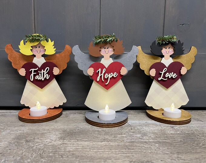 3 Angel Tea Light Cutouts, With Tea Lights, Unpainted Wooden Cutout ...