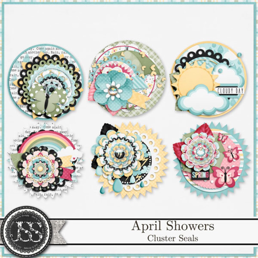 April Showers Spring Cluster Frames, Digital Scrapbook Kit, Elements ...