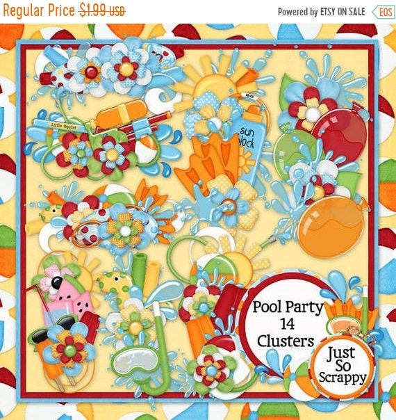 On Sale 50% Pool Party Digital Scrapbook Kit Clusters | Etsy