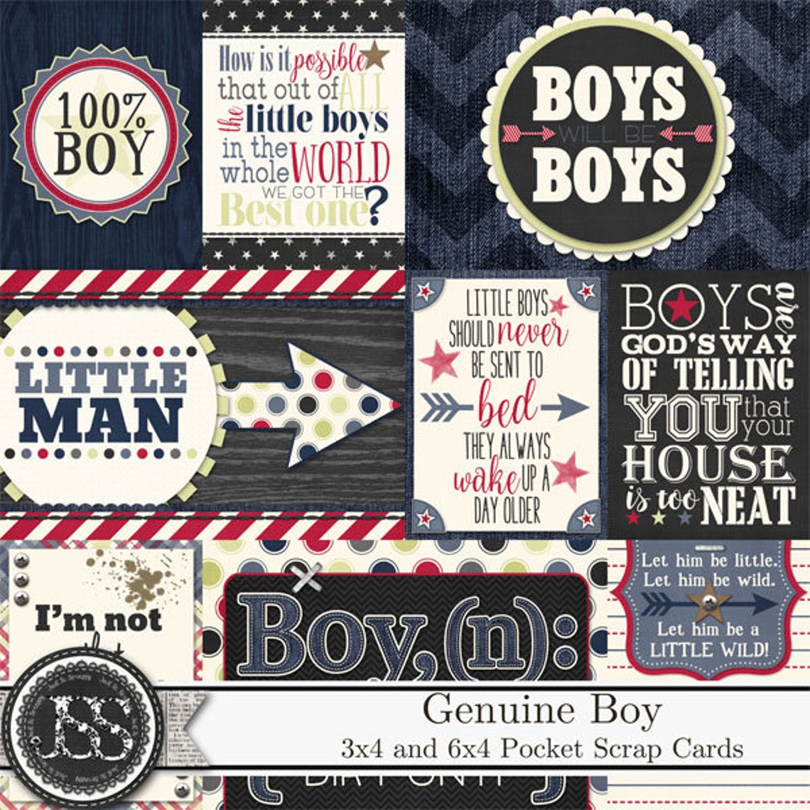 Genuine Boy Pocket Scrap Cards Elements for Digital Scrapbooking ...