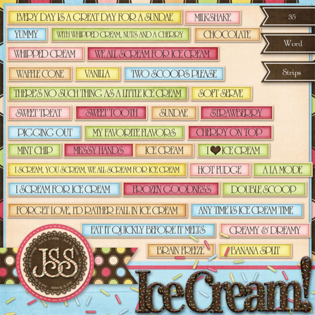 Ice Cream Digital Scrapbook Kit Word Strips - Digital Scrapbooking - Etsy