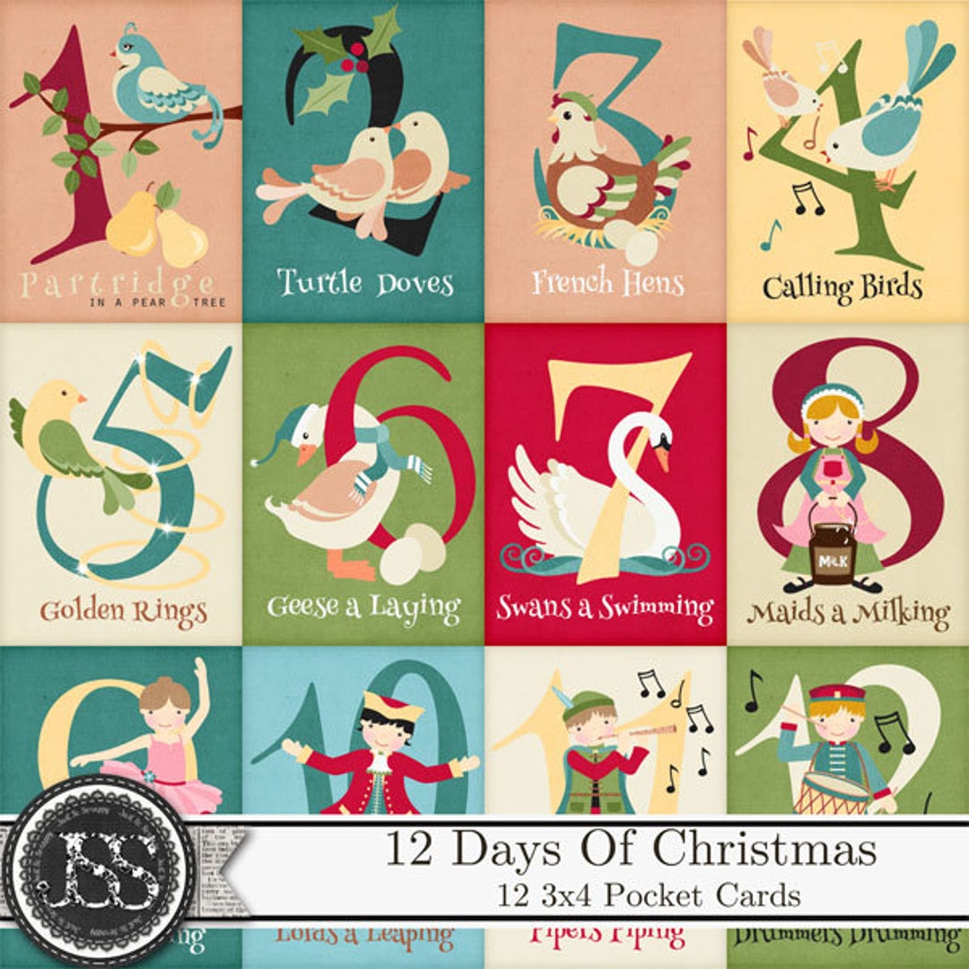 12 Days of Christmas 3x4 Pocket Journal Cards, Digital Scrapbook Kit ...