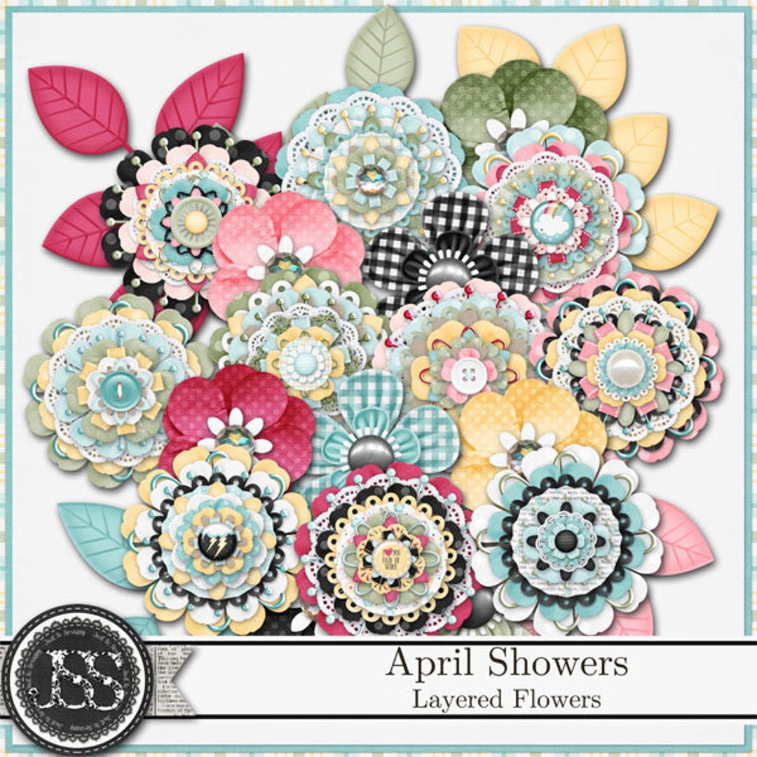 April Showers Spring Layered Flowers, Digital Scrapbook Kit, Elements ...