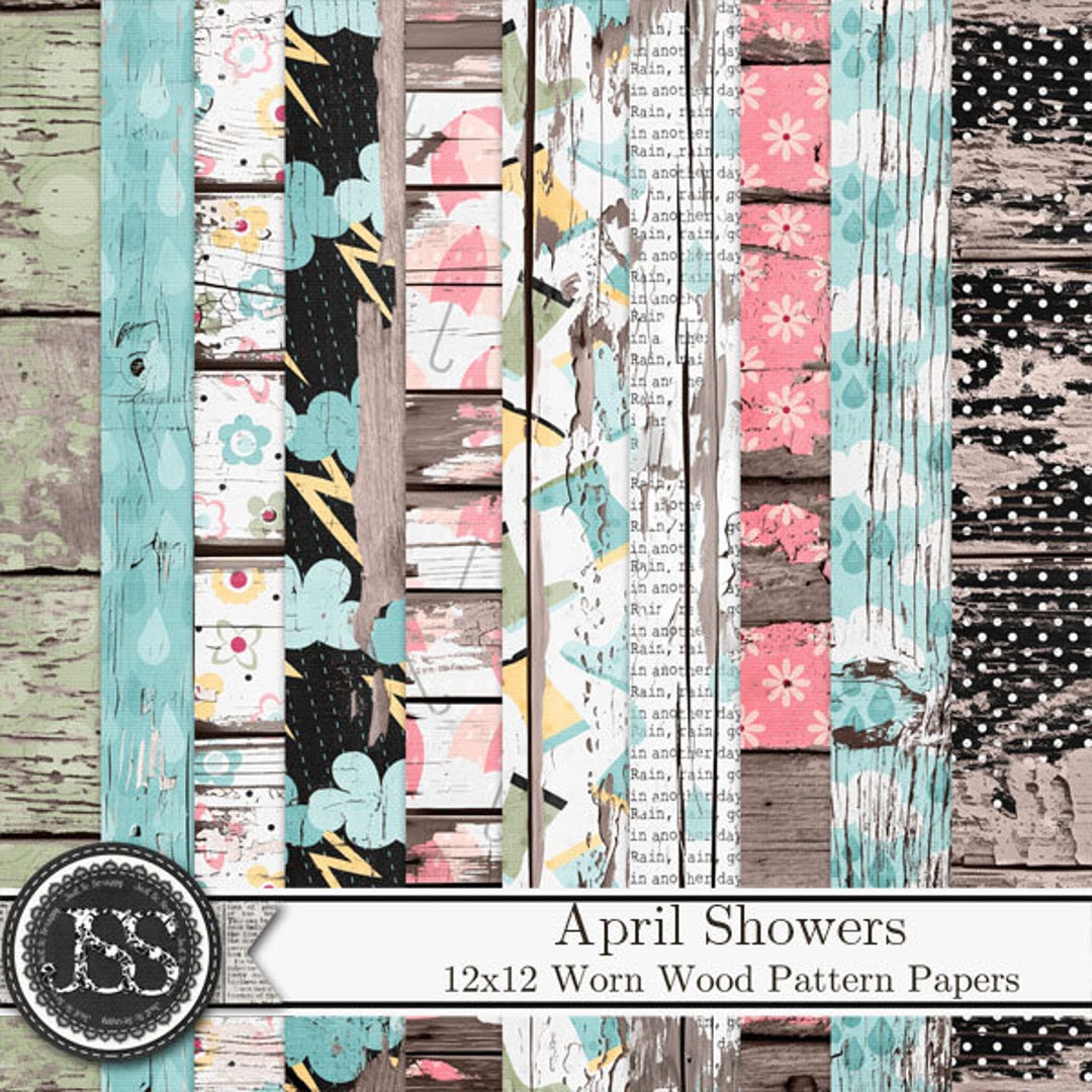 April Showers 12x12 Worn Wood Pattern Papers Digital Scrapbook Kit ...