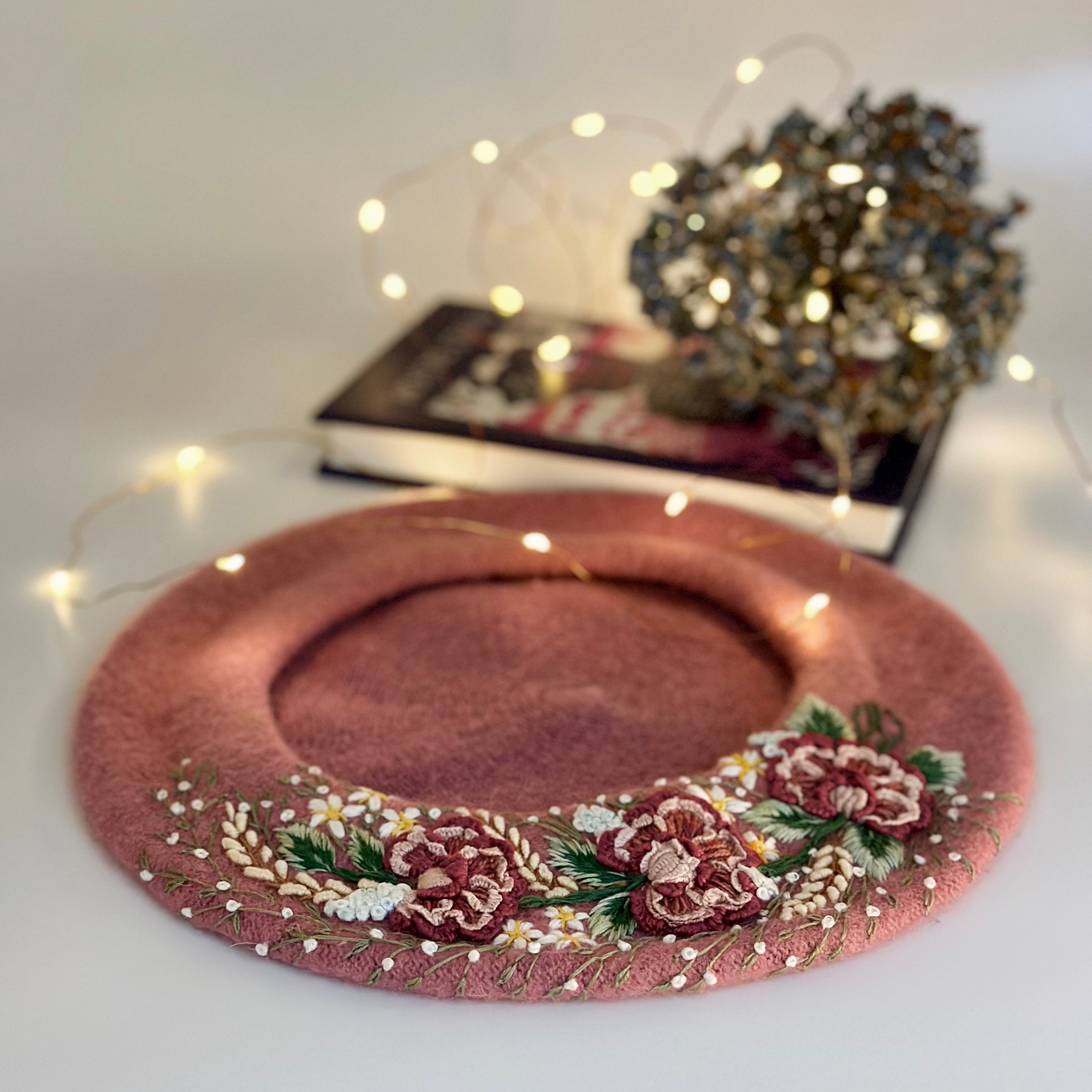 Hand Embroidered Wool Beret, Roses Embroidery, Wool Embroidered Beret ...