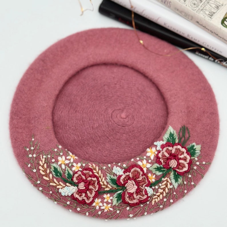 Hand Embroidered Wool Beret, Roses Embroidery, Wool Embroidered Beret ...