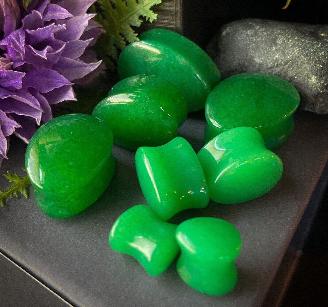 PAIR Real Green Jade Teardrop Stone Plugs Gauges Organic Piercing Body ...