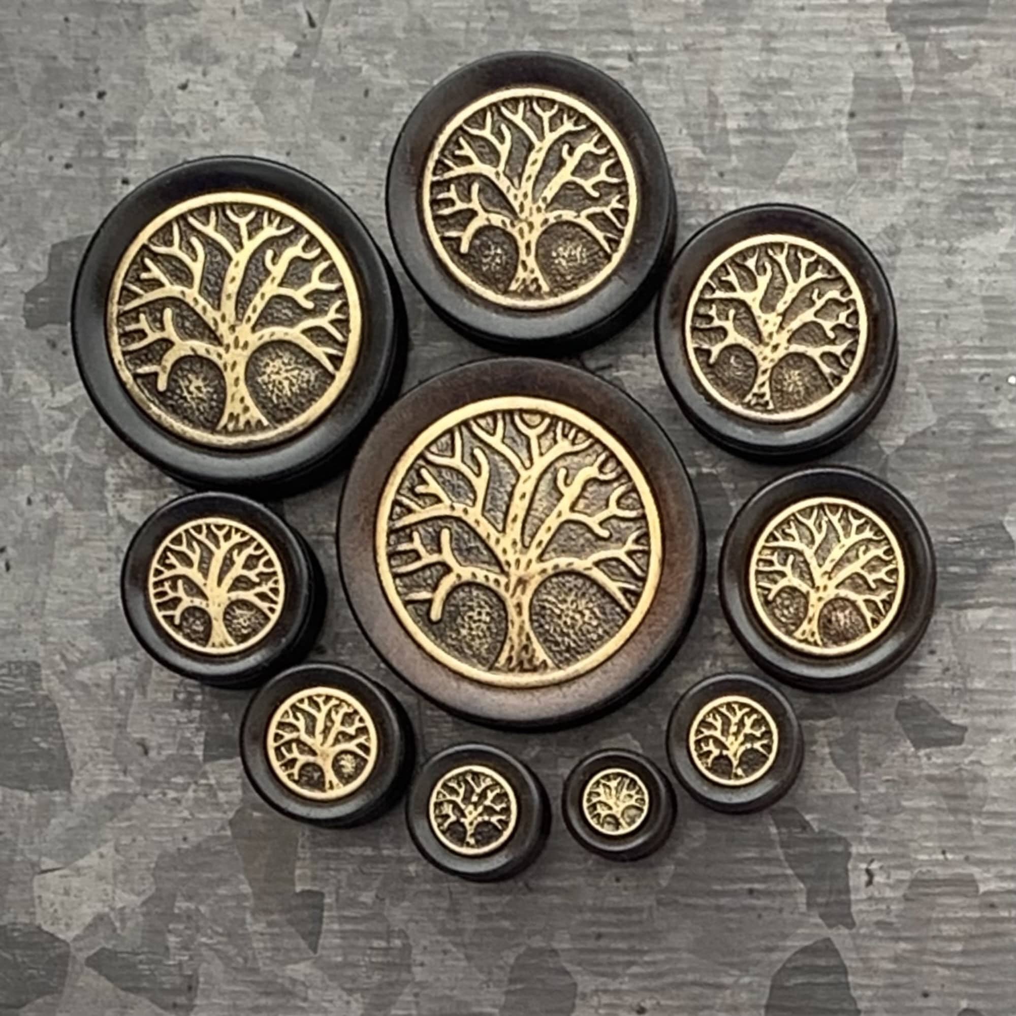 PAIR of Beautiful Organic Ebony Wood Plugs With Tree of Life Top Saddle ...